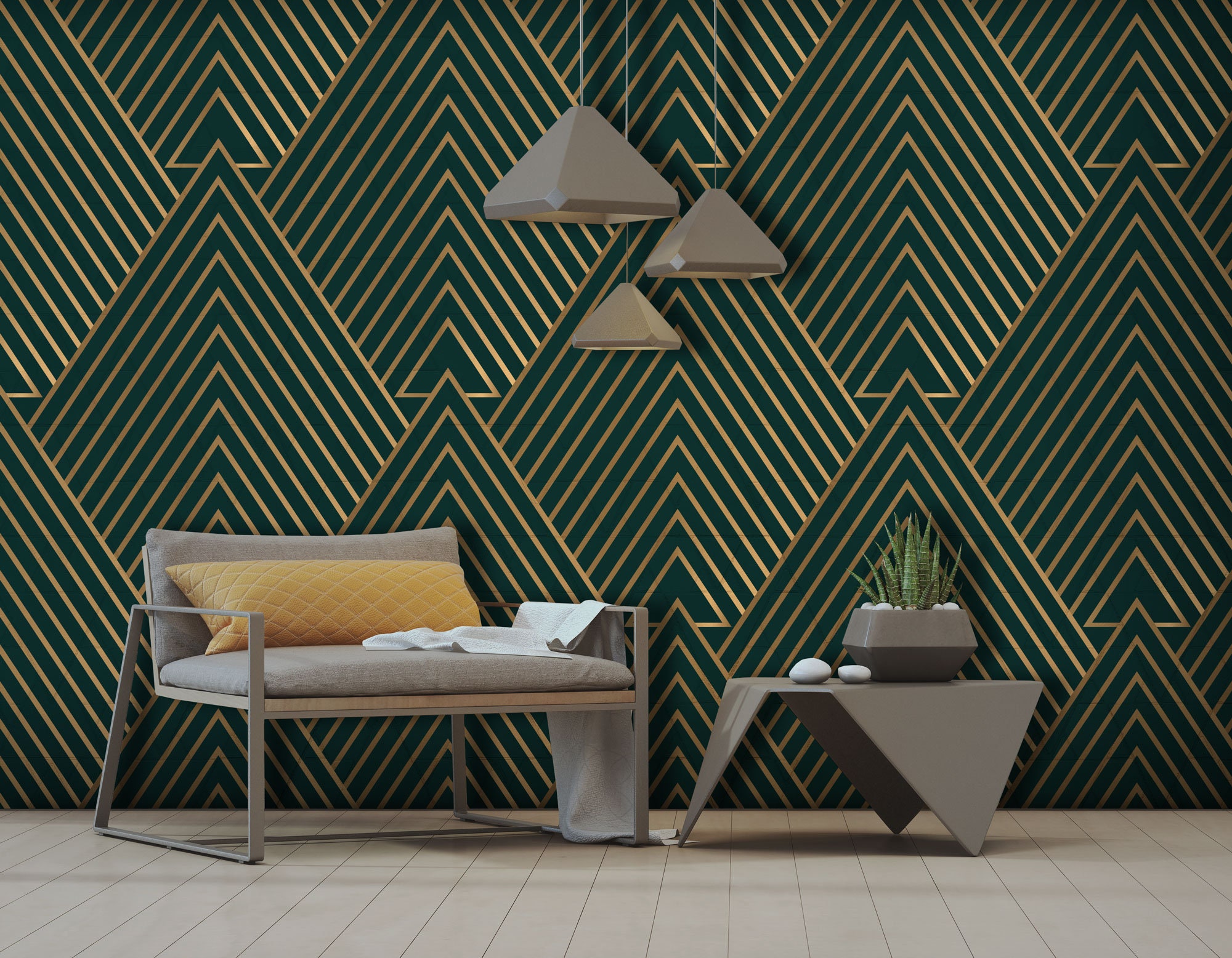 Dark Green Matte Wallpaper With Gold Diamond Line Pattern | Self ...