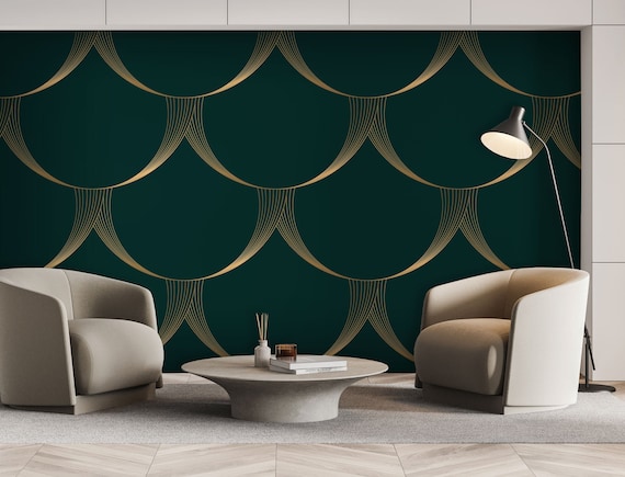 Dark Green Matte Abstract Wallpaper With Gold Line Art Pattern - Etsy