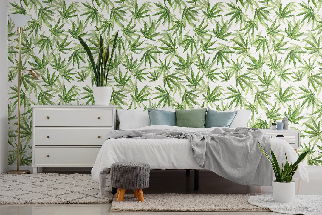 Green Leaves Wallpaper, Cannabis Pattern, Wall Mural [peel and Stick ...