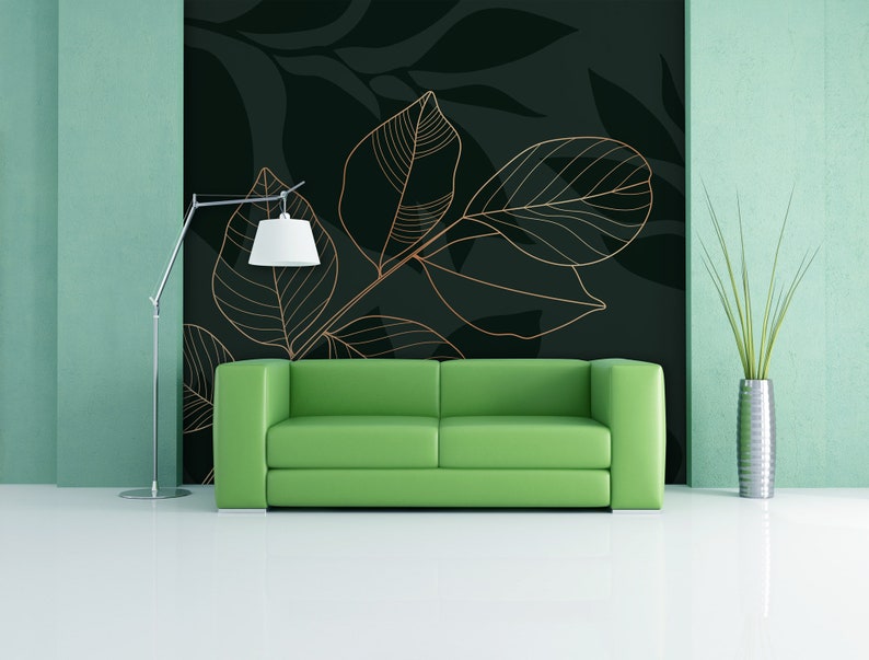 Dark Green Leaf Wall Mural Green Wallpaper Line Art wall - Etsy
