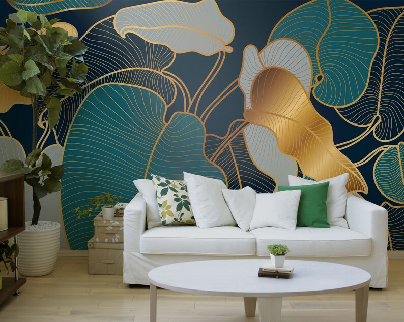 Dark Teal Blue and Gold Matte Line Art Leaves Pattern - Etsy UK