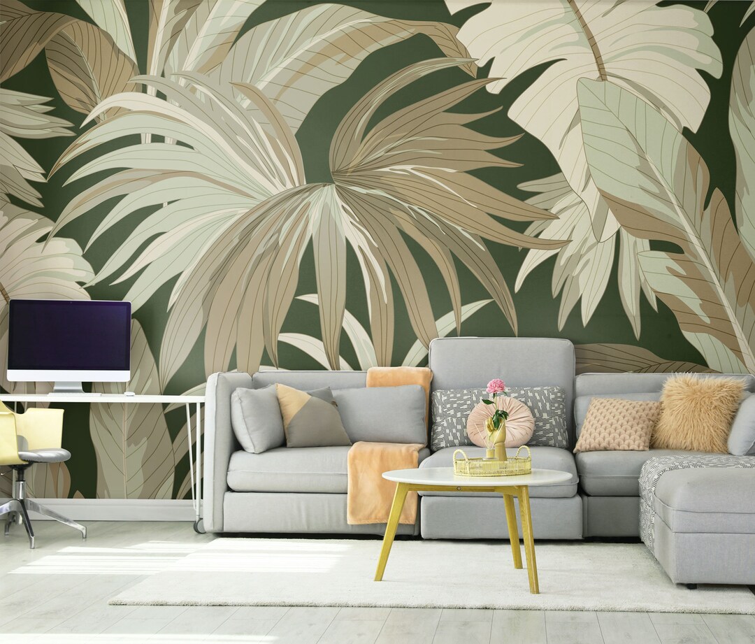 Big Vintage Leaves Wallpaper, Green Tropical Leaf Print [wall Decor ...