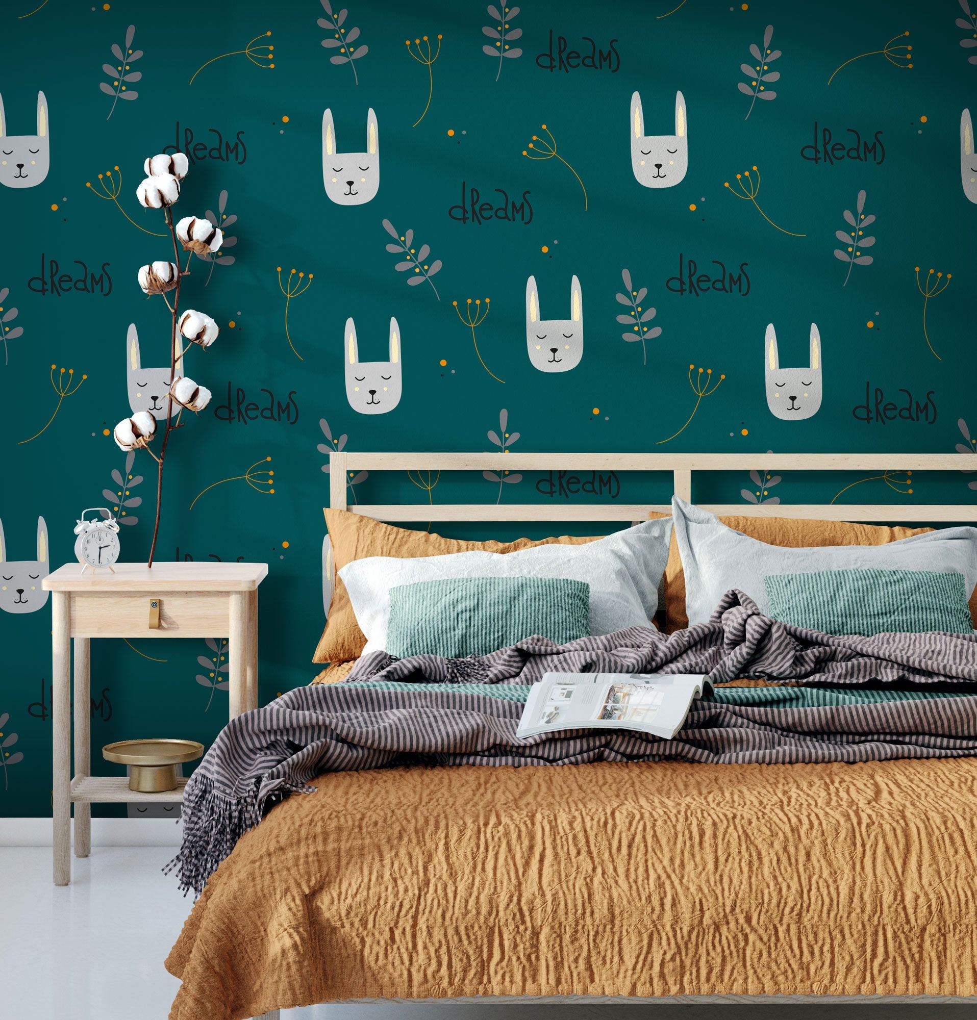 Teal wallpaper with bunny pattern animal motive wallpaper | Etsy