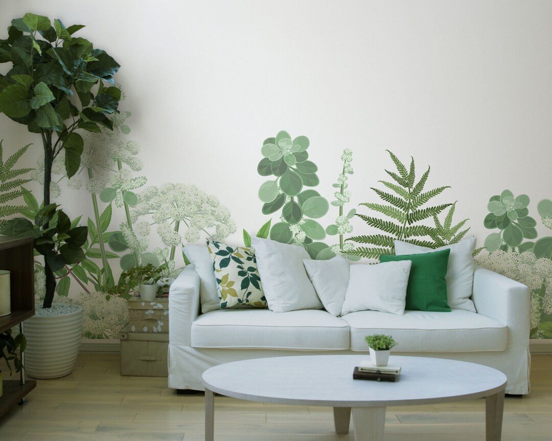 Green Wallpaper With Meadow, Forest Plants and Flowers [wall Decor ...