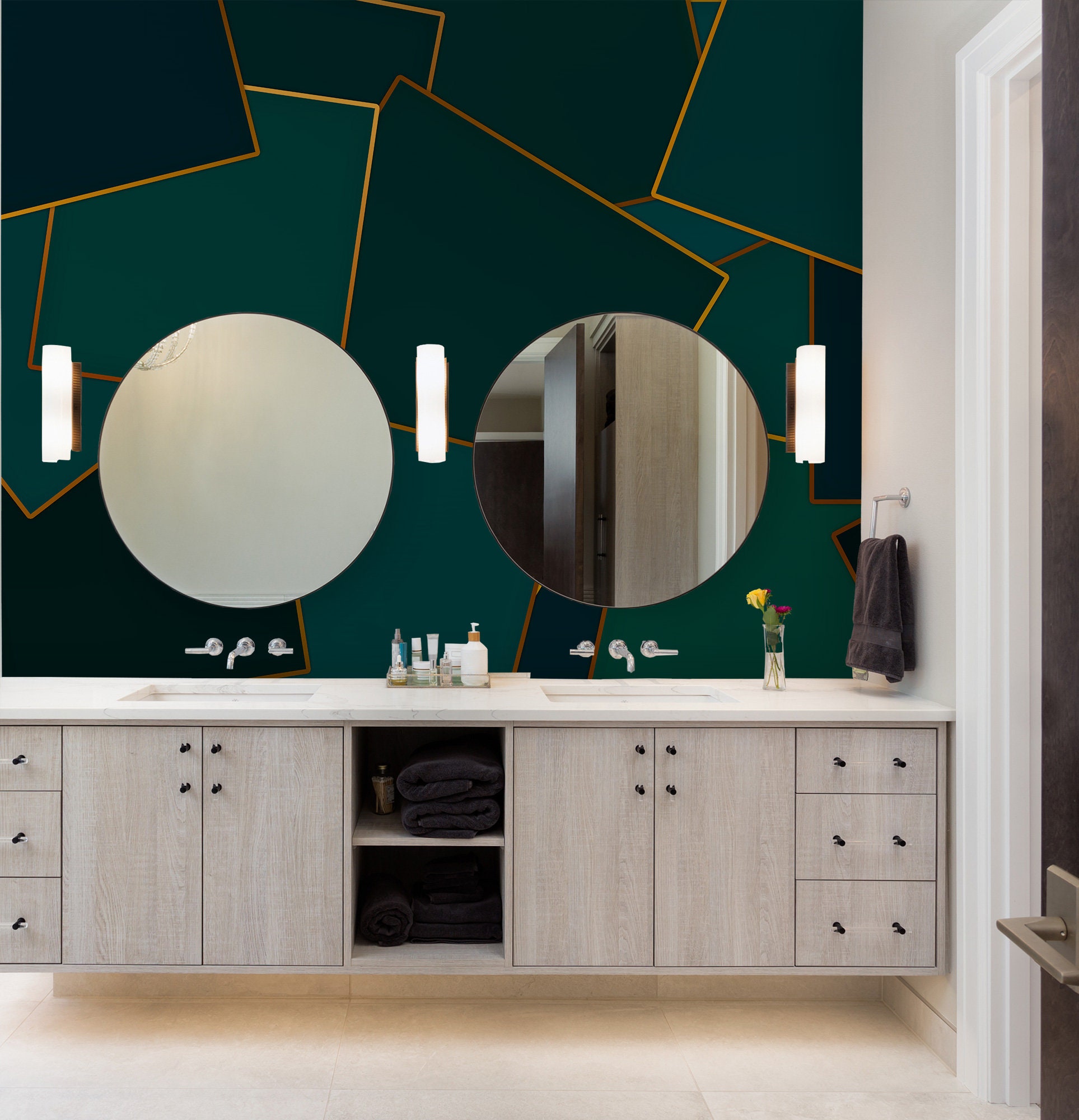 Royal Green Wallpaper Golden Lines Wall Mural Self - Etsy