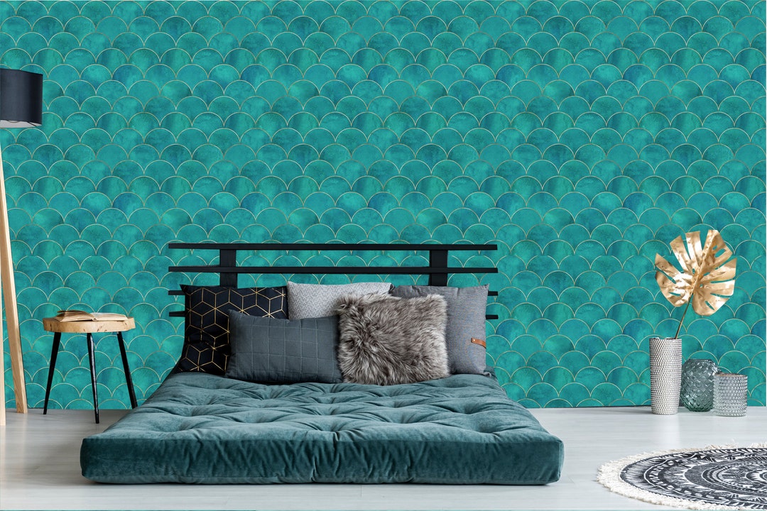 Turquoise Art Deco Fish Scale Pattern Wallpaper | Self Adhesive, Peel ...