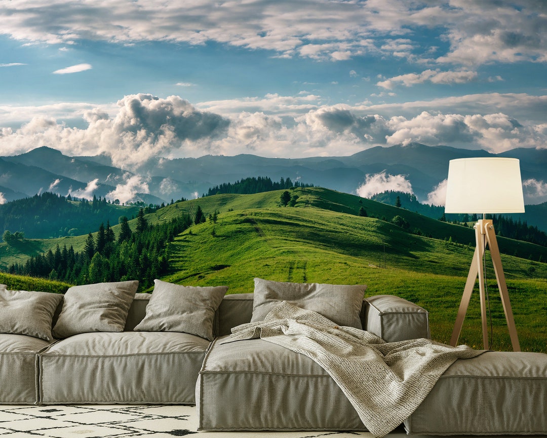 Wallpaper With Panorama of Wild Nature, Mountains, Wall Mural, Self ...