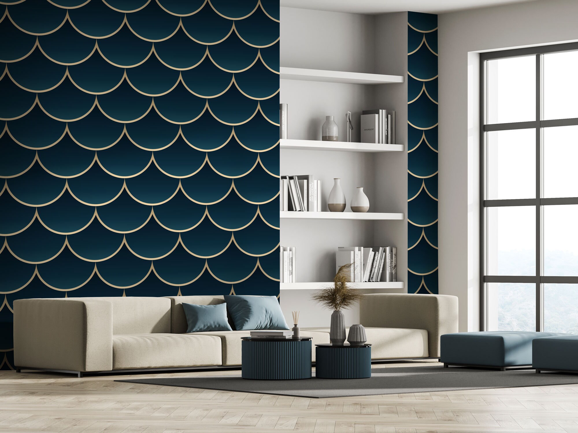 Dark teal fish scale pattern wallpaper geometric motive | Etsy