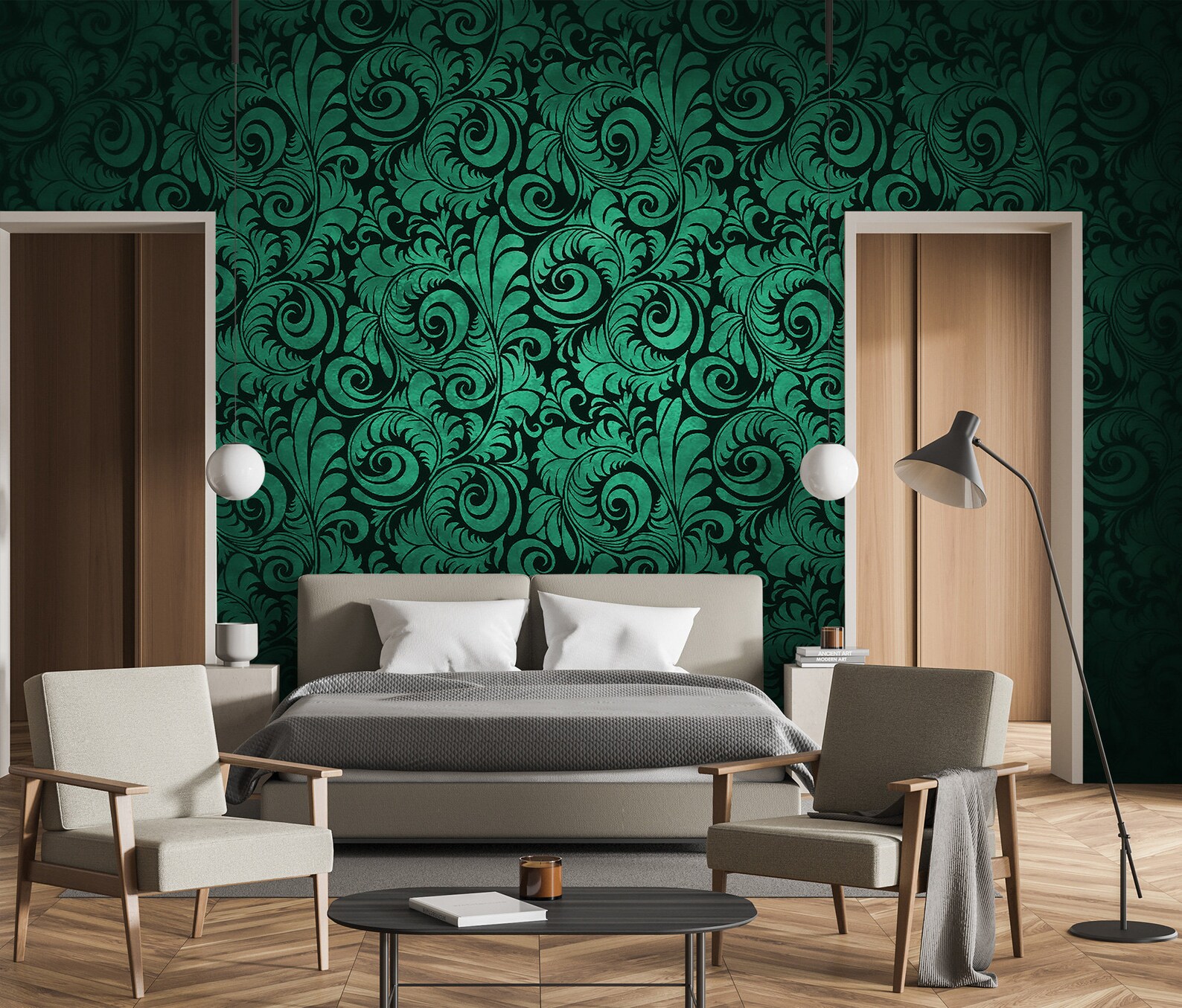 Modern Green Wallpaper With Ornaments, Wall Mural, Self Adhesive, Peel ...
