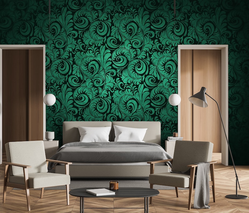 Modern Green Wallpaper With Ornaments, Wall Mural, Self Adhesive, Peel ...