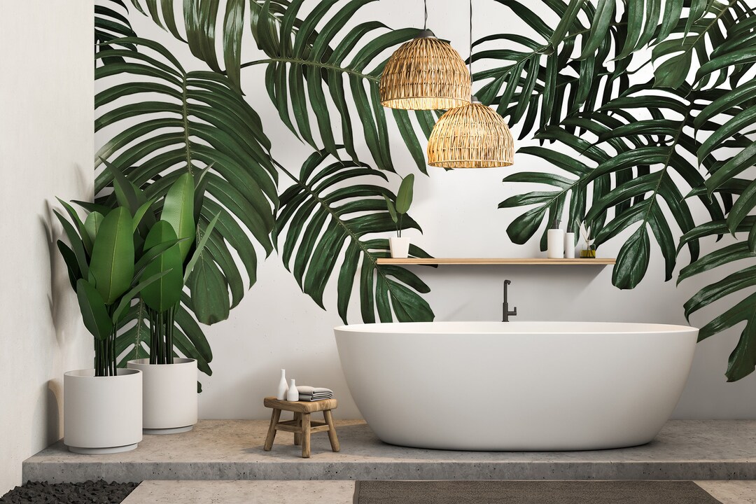 Tropical Wallpaper, Monstera Leaves, Leaf Print Wall Mural, Botanical ...