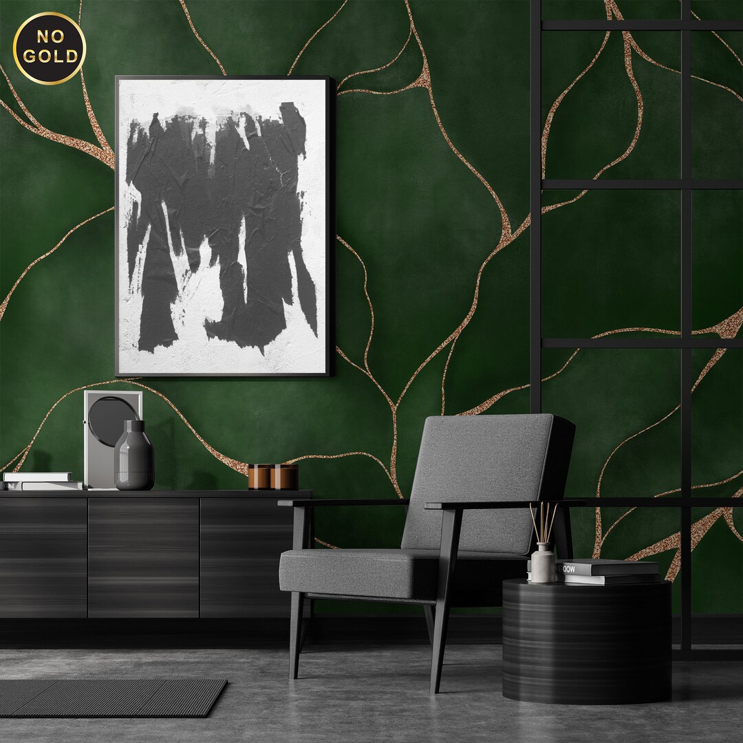 Green Watercolor Wallpaper With Matte Gold, Wall Mural, Self Adhesive ...