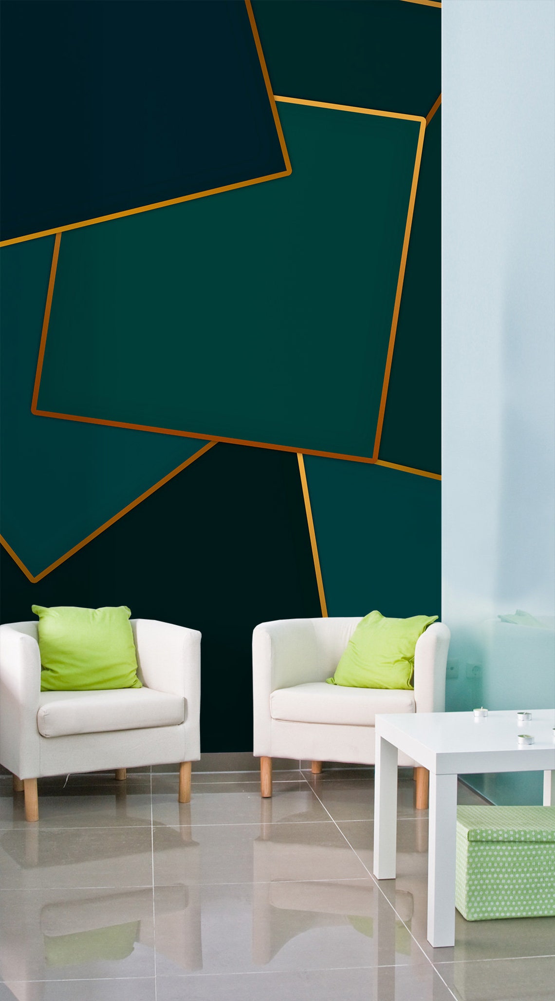 Royal Green Wallpaper Golden Lines Wall Mural Self - Etsy