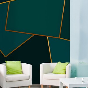 Royal Green Wallpaper, Golden Lines, Wall Mural, Self Adhesive, Peel ...