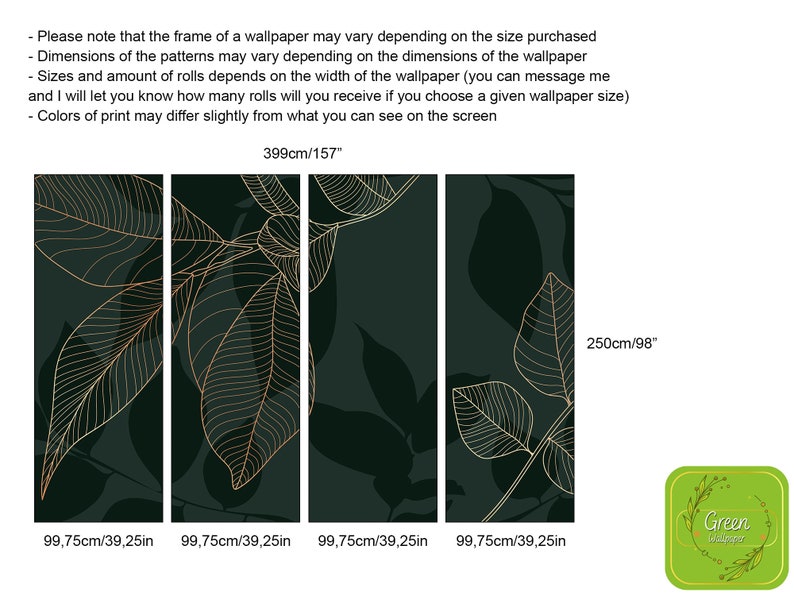 Dark Green Leaf Wall Mural Green Wallpaper Line Art wall - Etsy