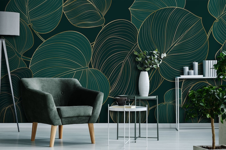 Dark Green and Gold Matte Line Art Leaves Wallpaper | Self Adhesive ...