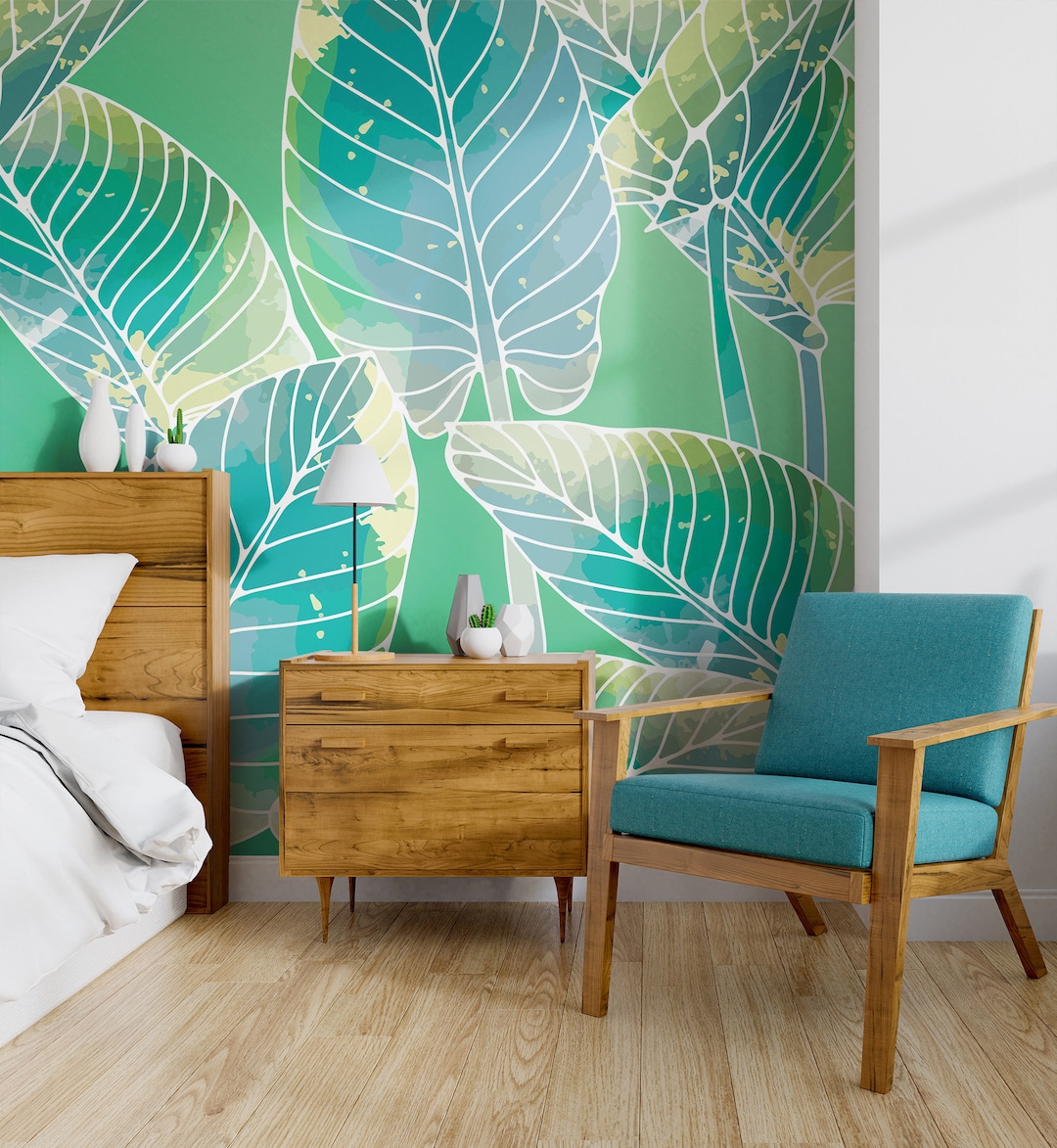 Big Teal Blue and Green Leaf Wall Mural, Self Adhesive, Peel & Stick or ...