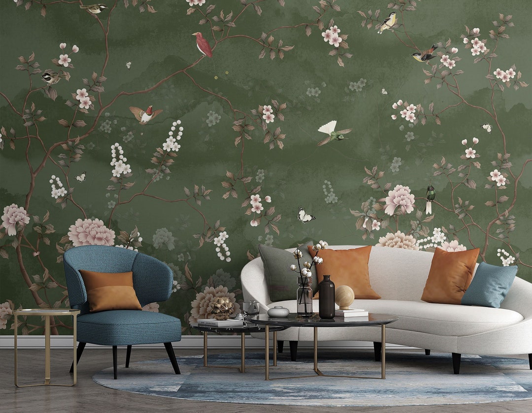 Green Chinoiserie Wallpaper, Tree Branches and Birds Print [wall Decor ...
