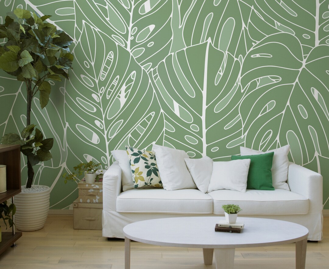 Light Green Abstract Monstera Leaves Wall Mural, Tropical Wallpaper ...