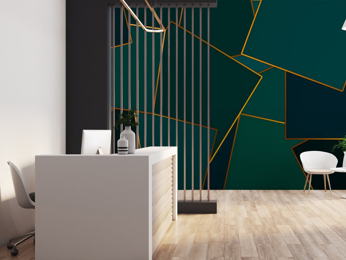 Royal Green Wallpaper Golden Lines Wall Mural Self - Etsy
