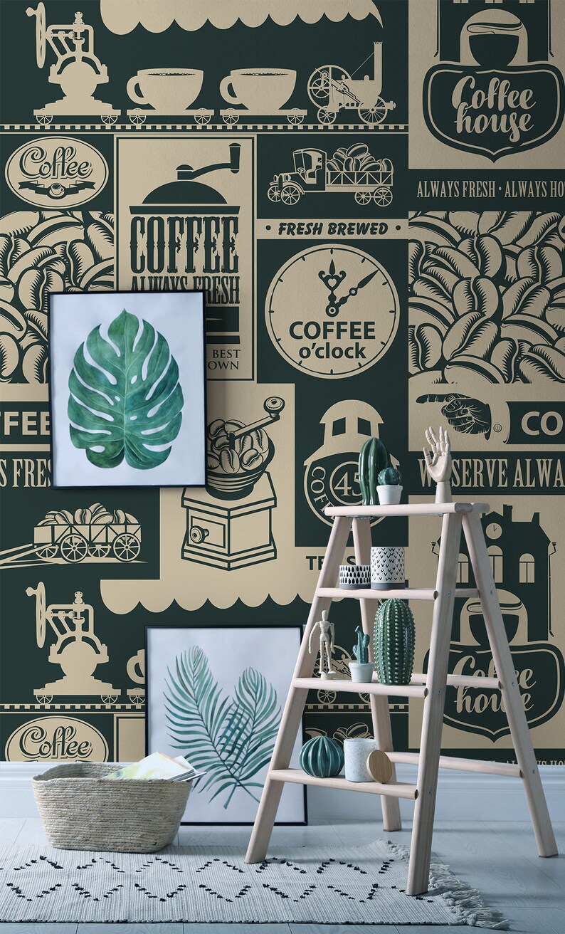 Wallpaper With Coffee Retro Style Self Adhesive Peel & - Etsy