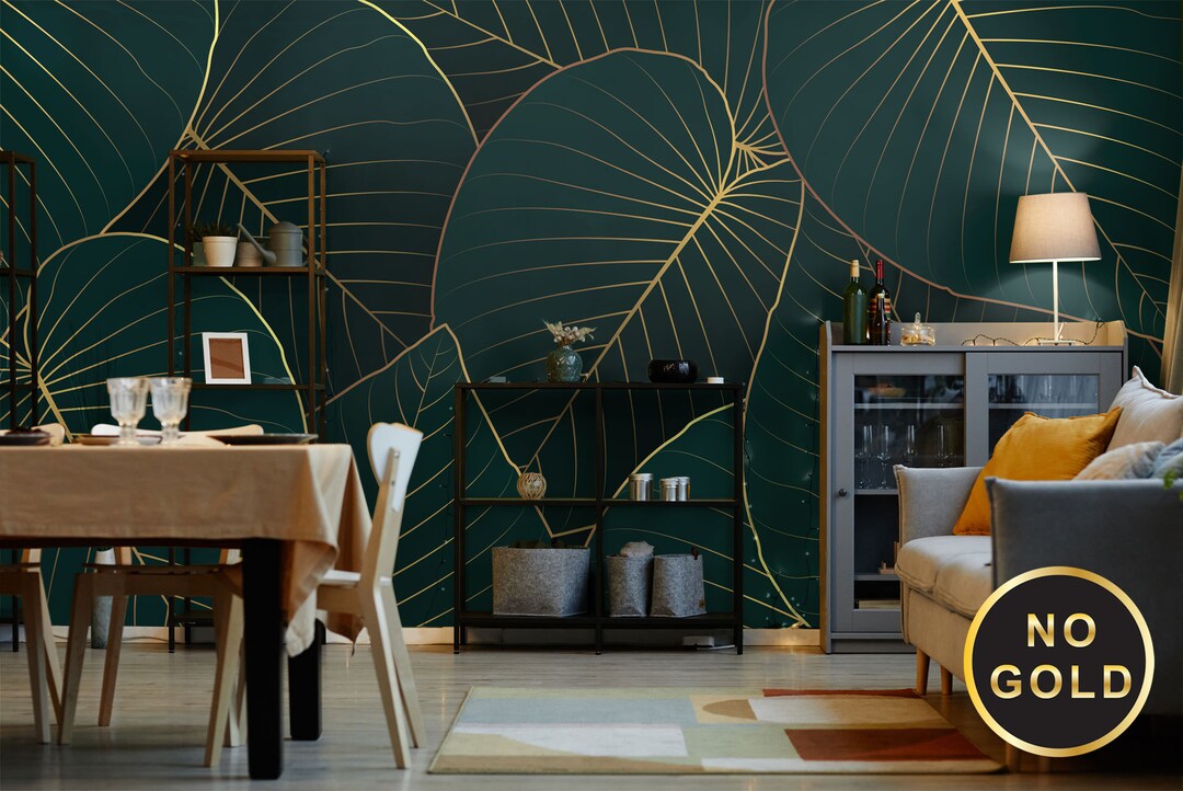 Green Abstract Leaves Wall Mural, Line Art Wallpaper [wall Decor, Peel ...