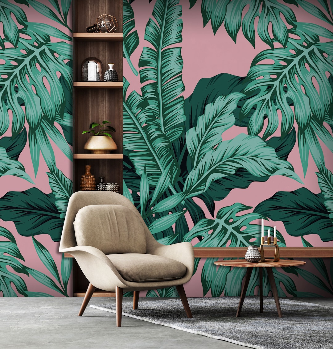 Pink and Green Botanical Wallpaper With Exotic Leaves | Self Adhesive ...