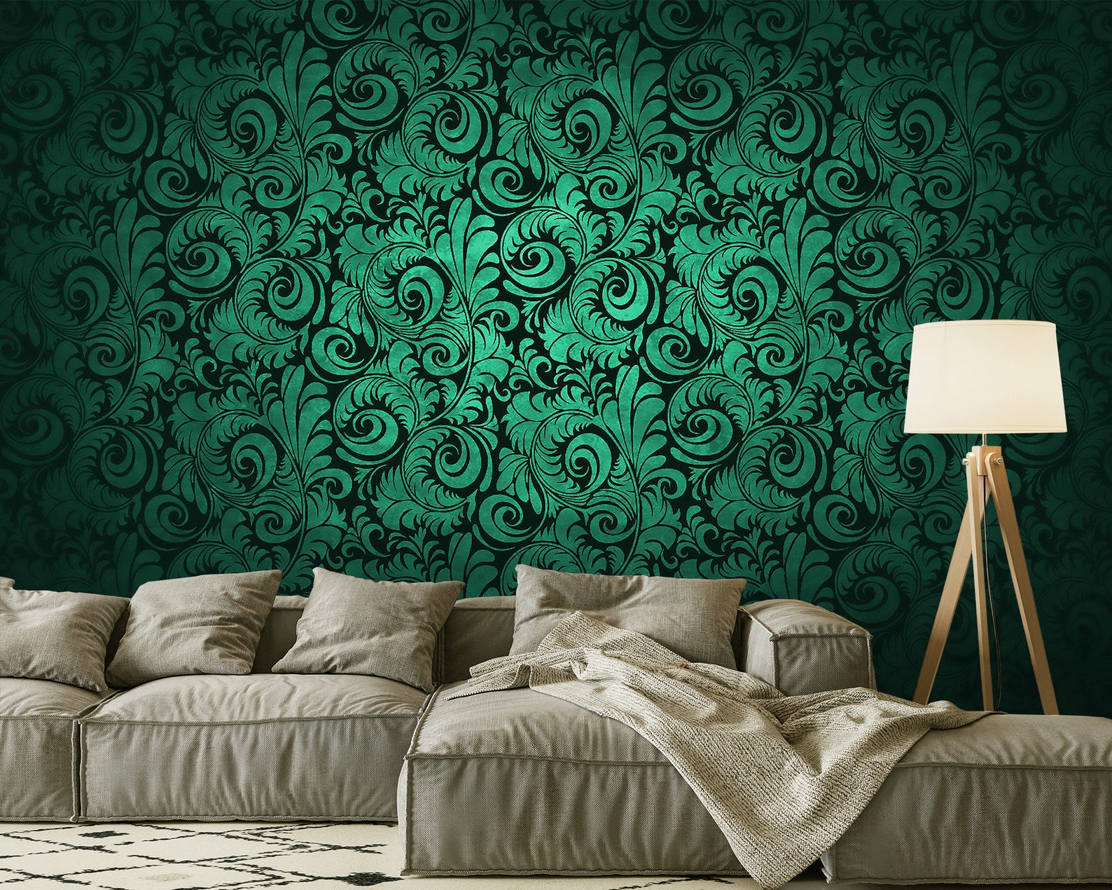 Modern Green Wallpaper With Ornaments, Wall Mural, Self Adhesive, Peel ...