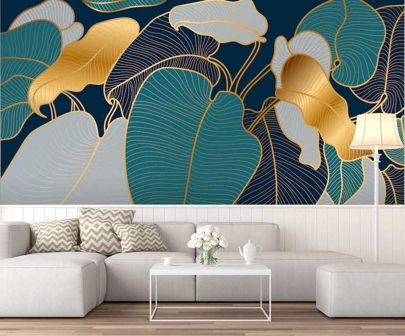 Dark Teal Blue and Gold Matte Line Art Leaves Pattern - Etsy UK