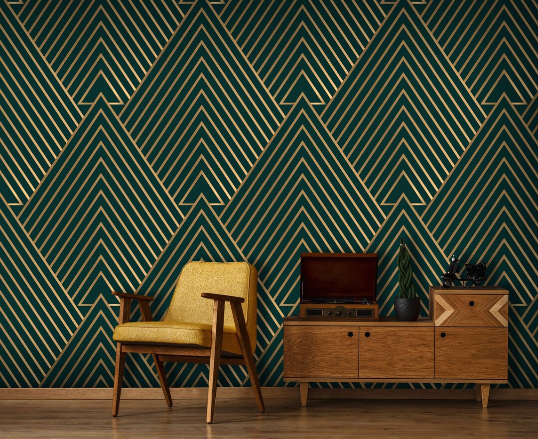 Dark Green Matte Wallpaper With Gold Diamond Line Pattern | Self ...