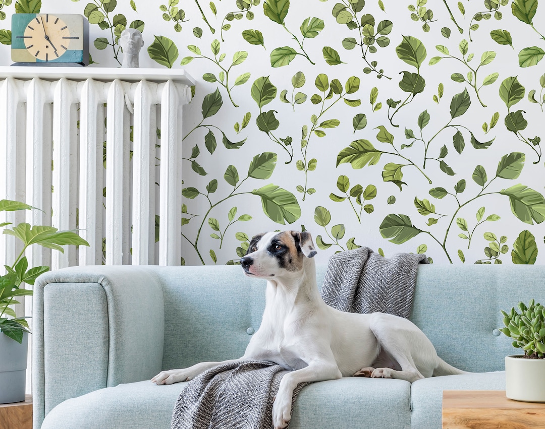 Small Green Leaves Wallpaper Pattern, Botanical Mural With White ...