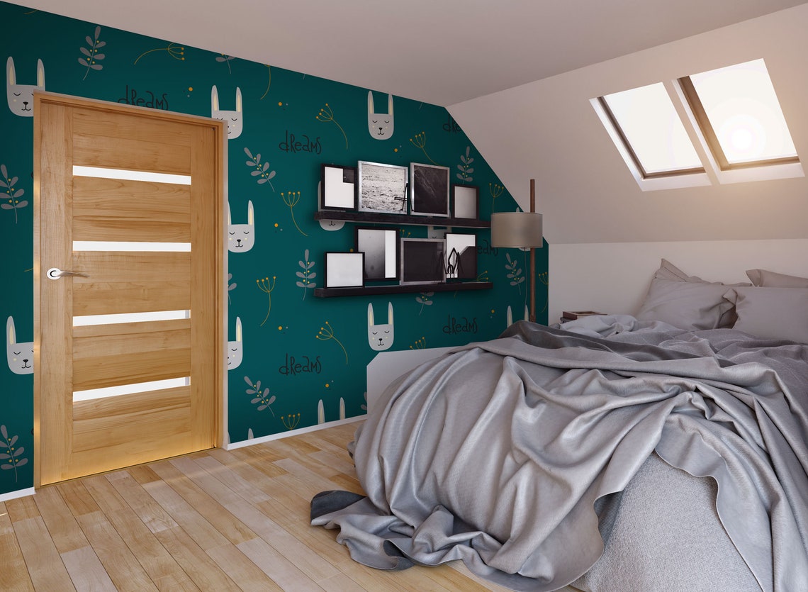 Teal wallpaper with bunny pattern animal motive wallpaper | Etsy