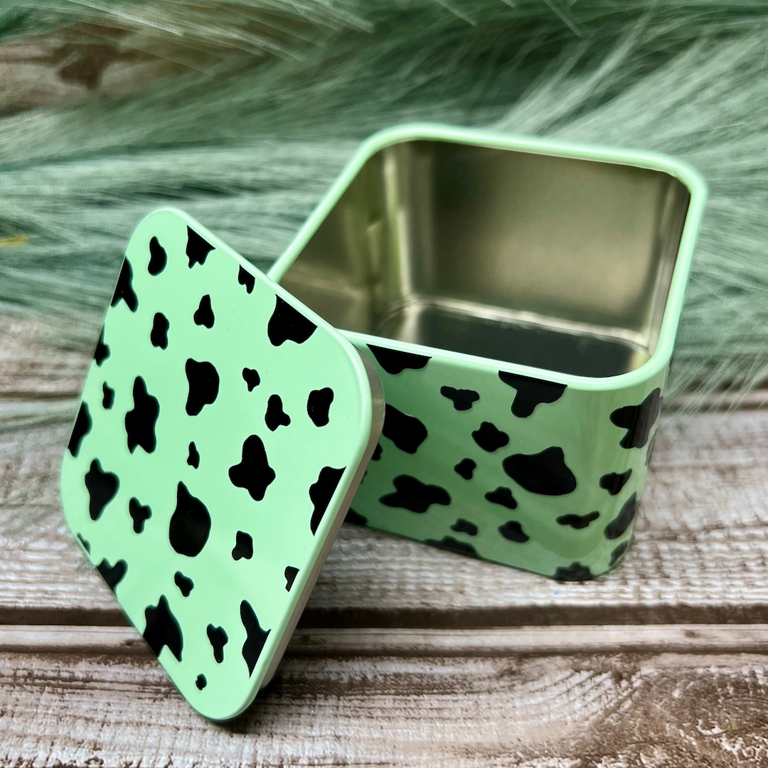 Mint Green Metal Cow Print Tin | Cow Print Tin Container | Tin ...