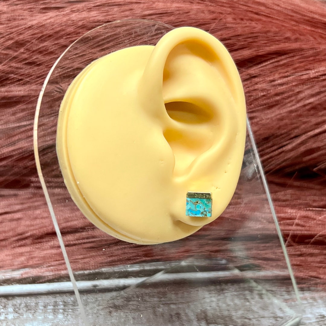 Square Turquoise Stone With Gold Stud Earring | Turquoise Stud Earrings ...