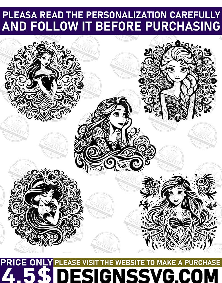 10 Cartoon Princess Svg Bundle, Princess Cartoon Svg, Intricate Weeding ...