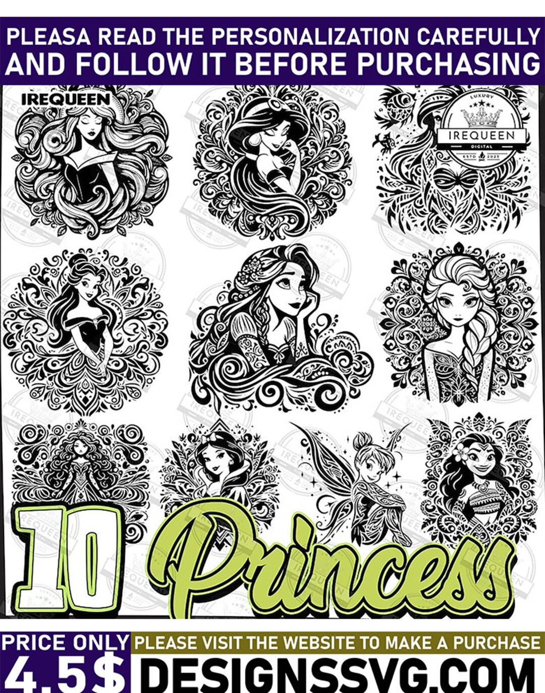 10 Cartoon Princess Svg Bundle, Princess Cartoon Svg, Intricate Weeding ...