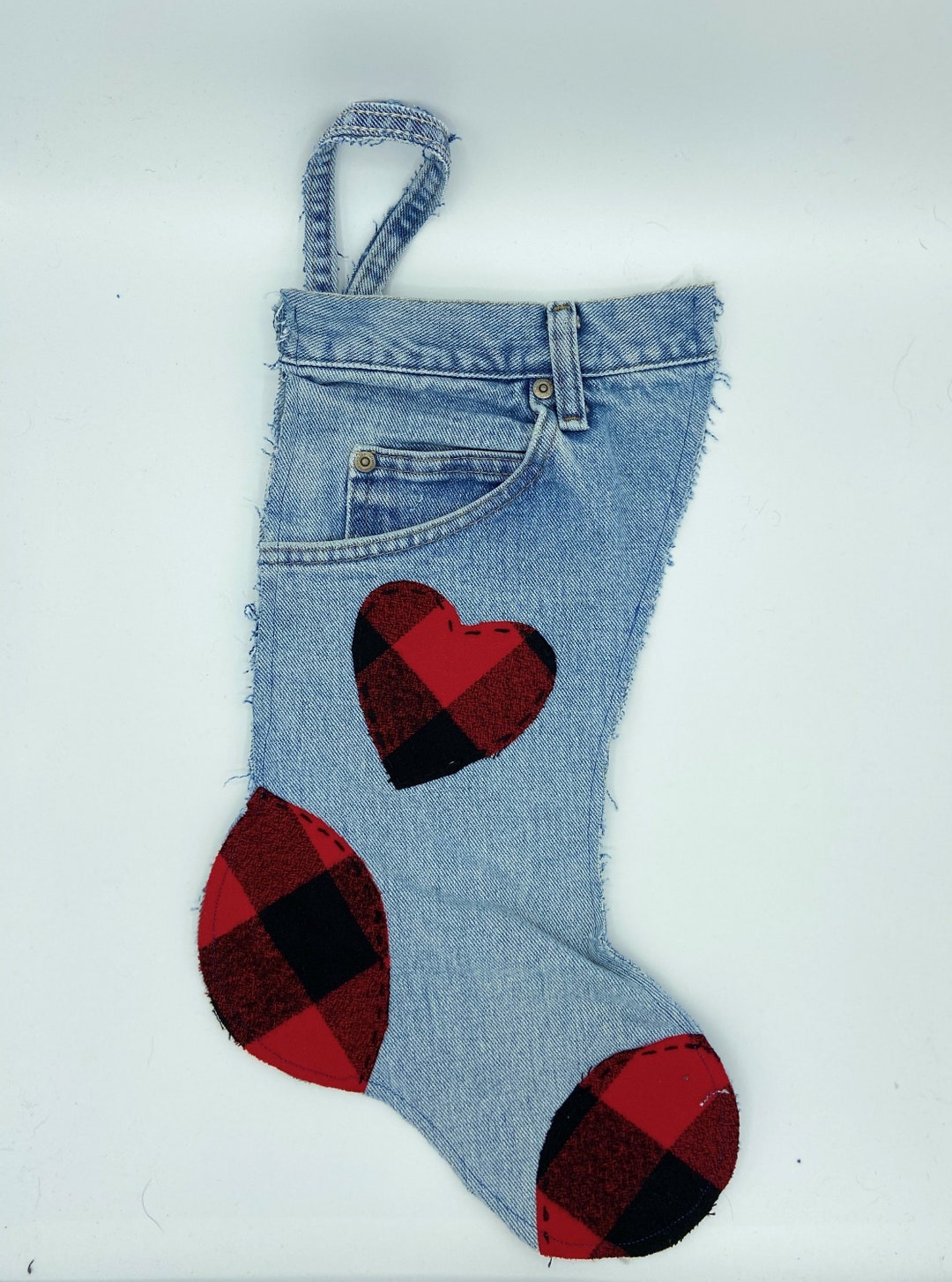 Jean/denim Christmas Stocking With Buffalo Plaid - Etsy