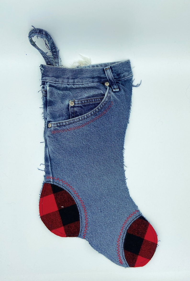 Jean/denim Christmas Stocking With Buffalo Plaid - Etsy