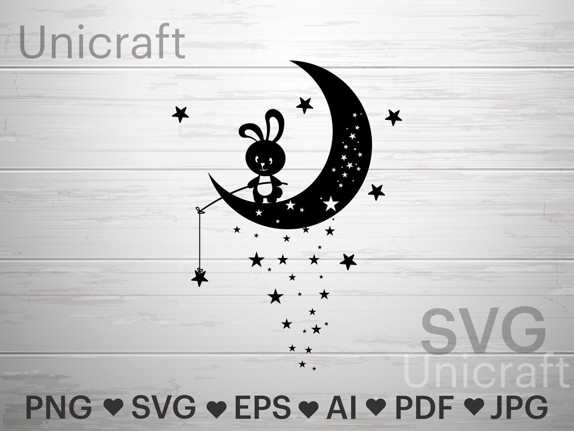 Moon and Stars Svg, Rabbit Celestial Svg File, Vector, Moon Silhouette ...