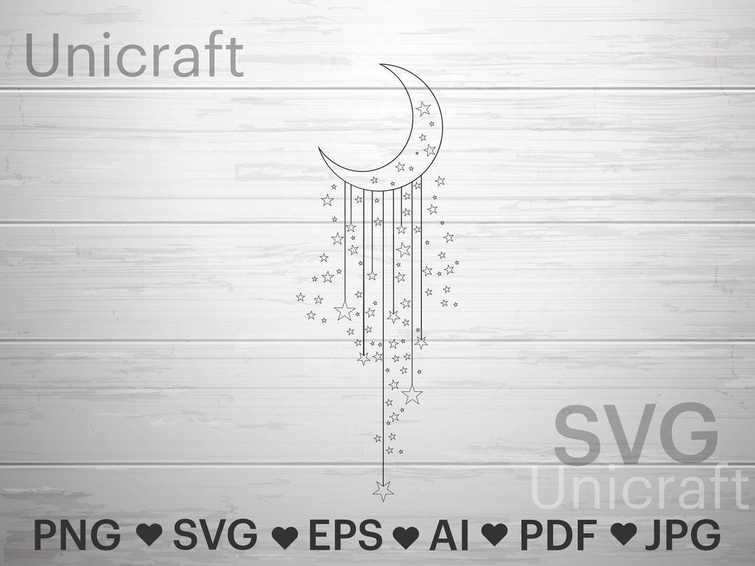 Moon and Stars Svg, Celestial Svg File, Vector, Moon Line Art Svg ...