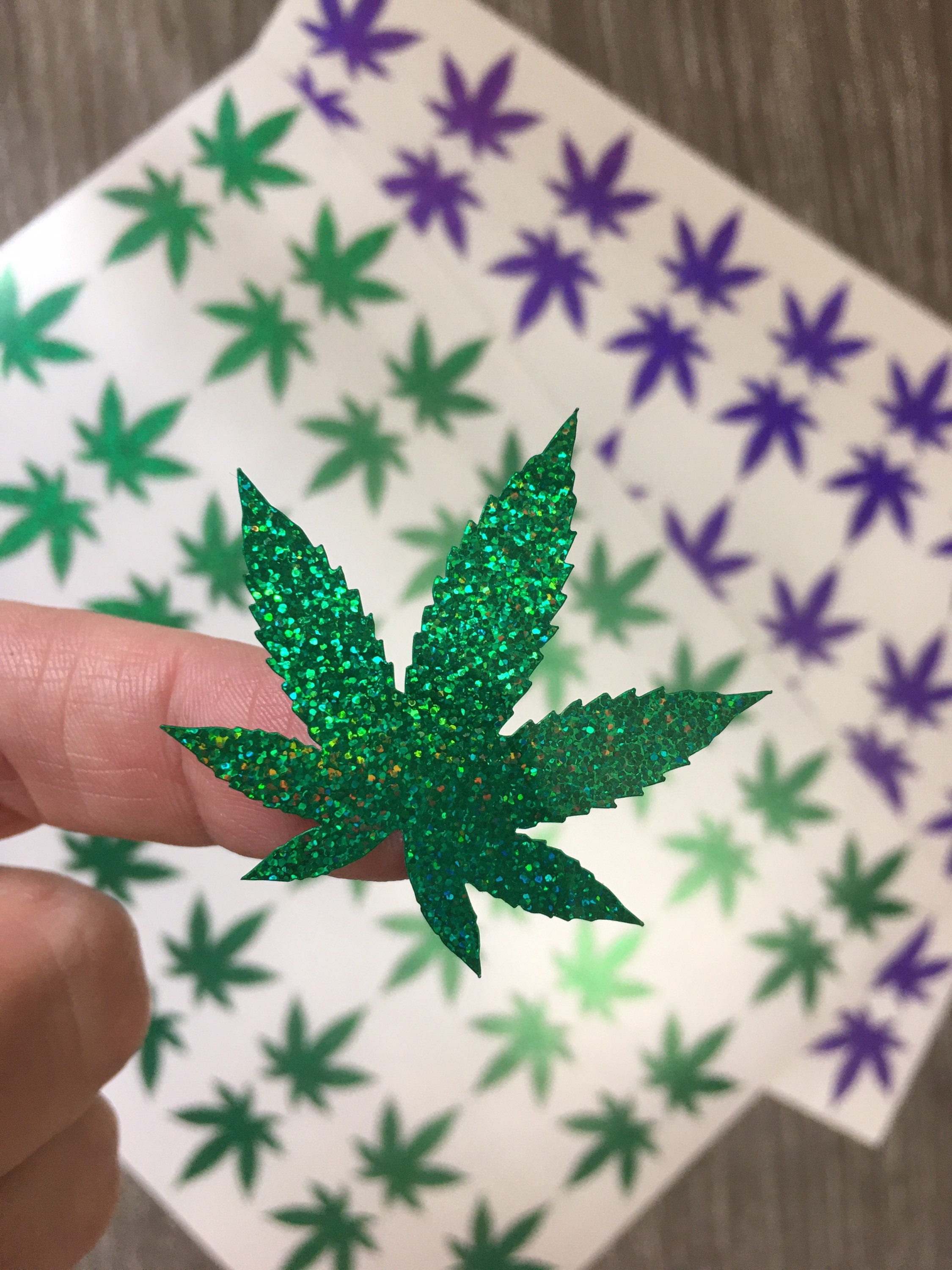 Cannabis Weed Leaf Stickers Vinyl Decals Sparkly Holographic Car Decals 4cm Stickers Planners ...