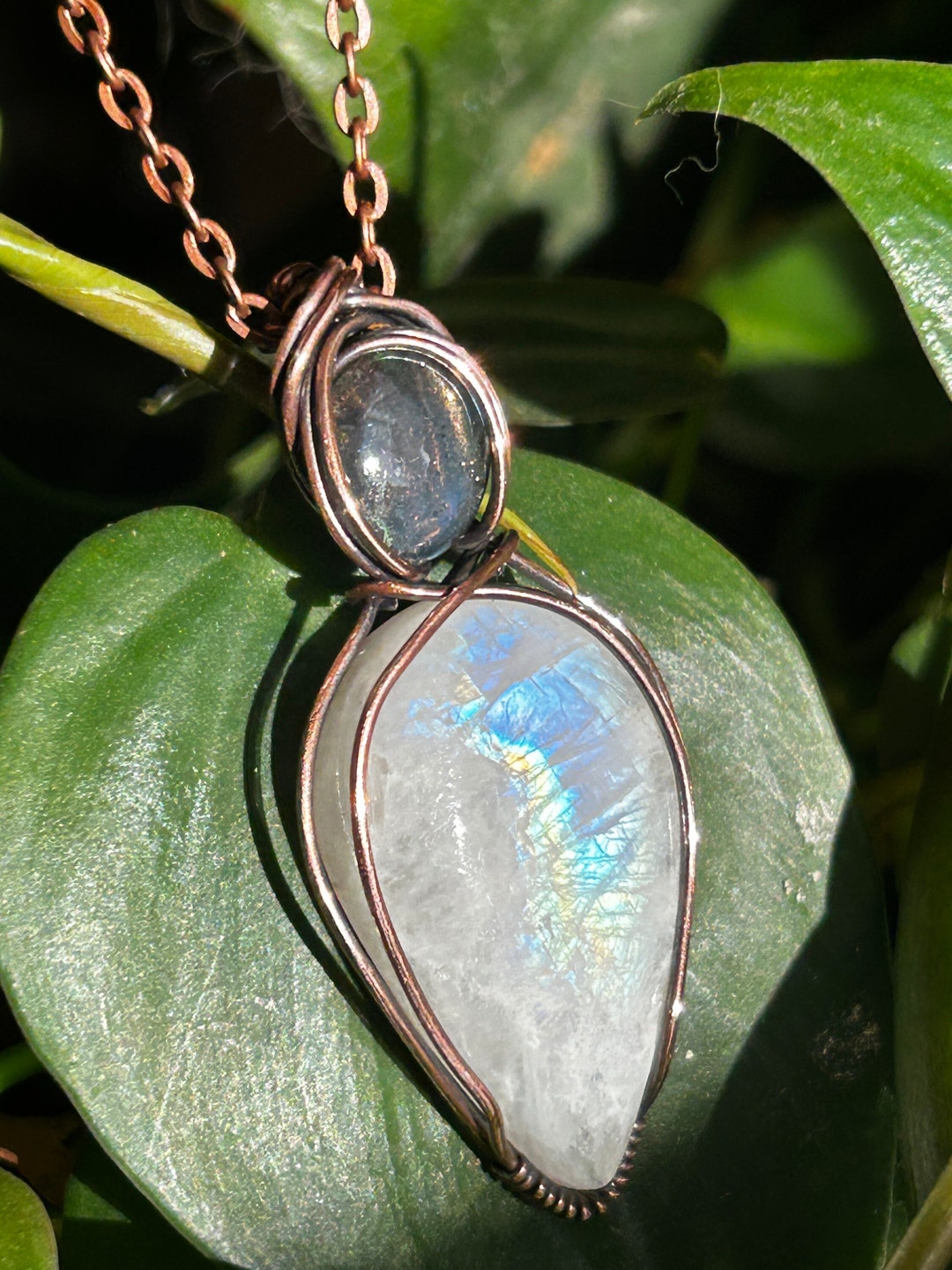 Moonstone and Labradorite Wire Wrapped Necklace Copper Wire Wrapped ...