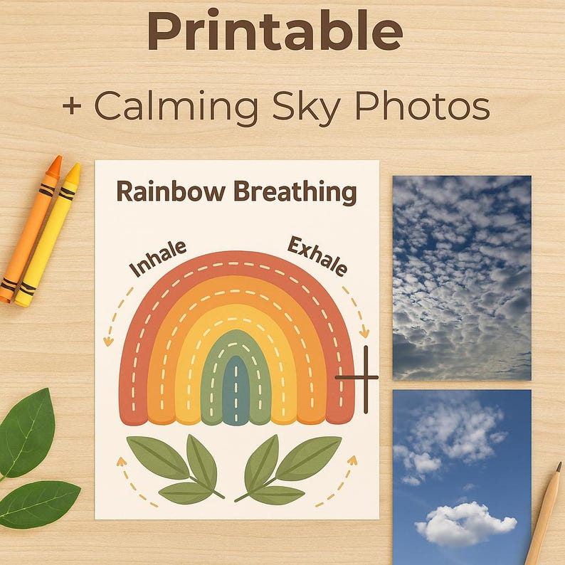 Rainbow Breathing Printable | Calm Corner & Mindfulness Activity for Kids + Calming Sky Photos ...