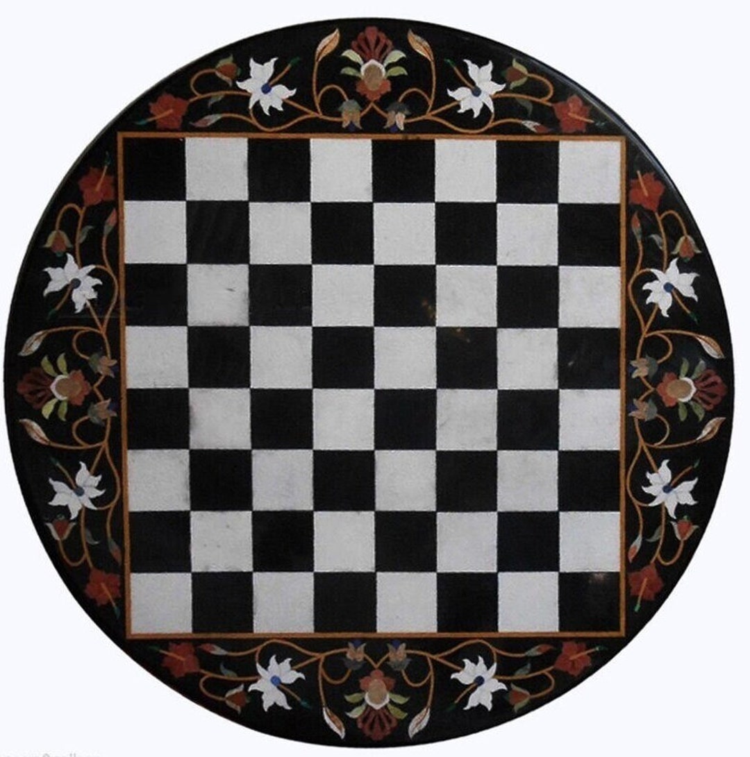 Round Marble Chess Coffee Table Stunning Semi Precious Inlay Stone ...