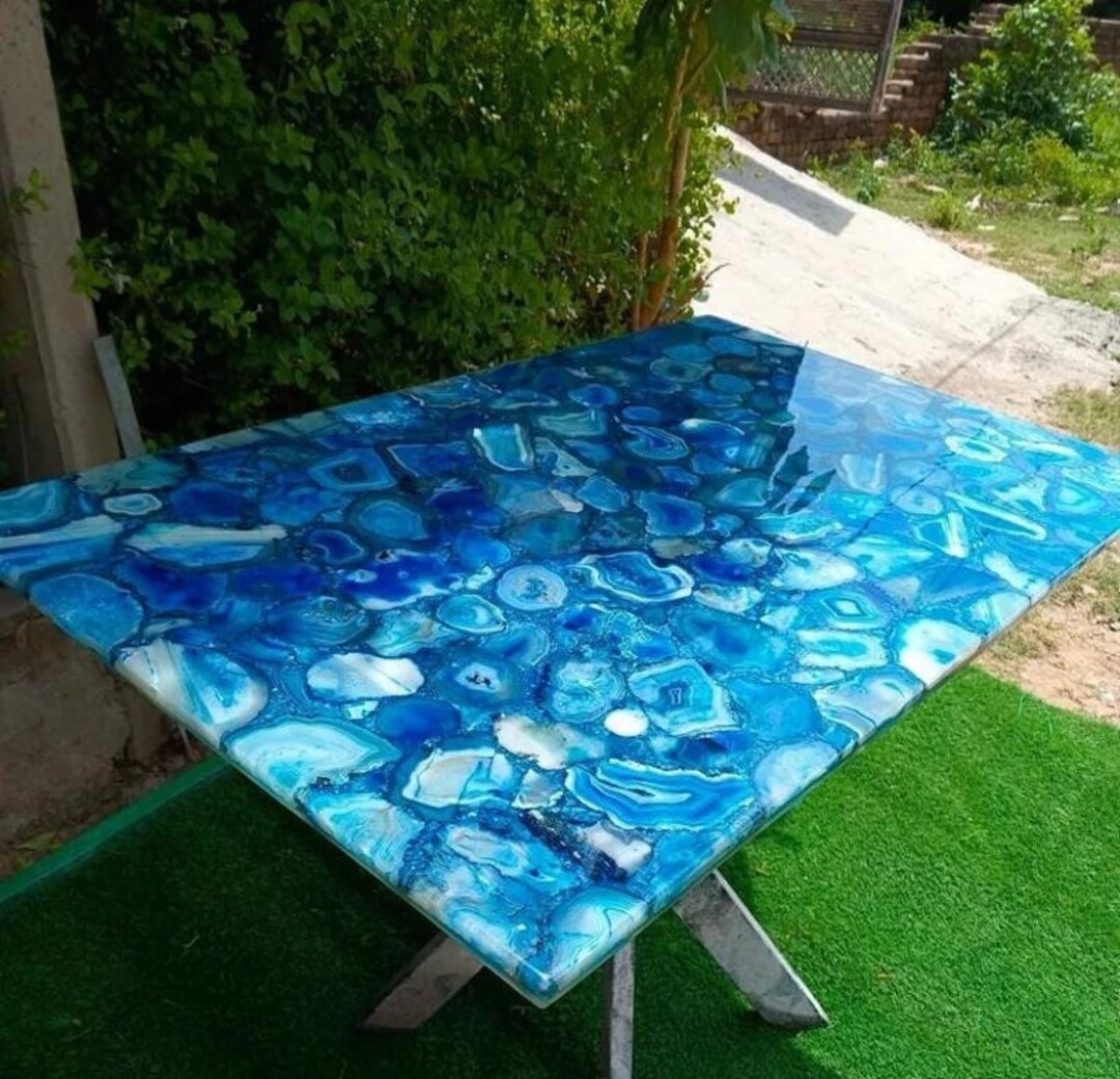 Natural Blue Agate Outdoor Dining Table Top for Patio Garden Decor ...