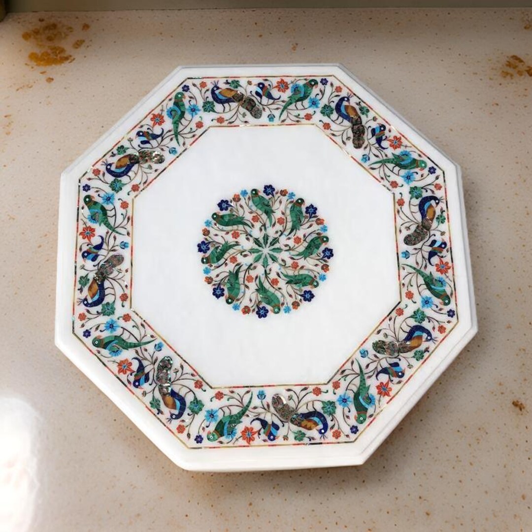 Octagon Marble Dining Table Top Floral Marquetry Peacock Parrot Inlay ...