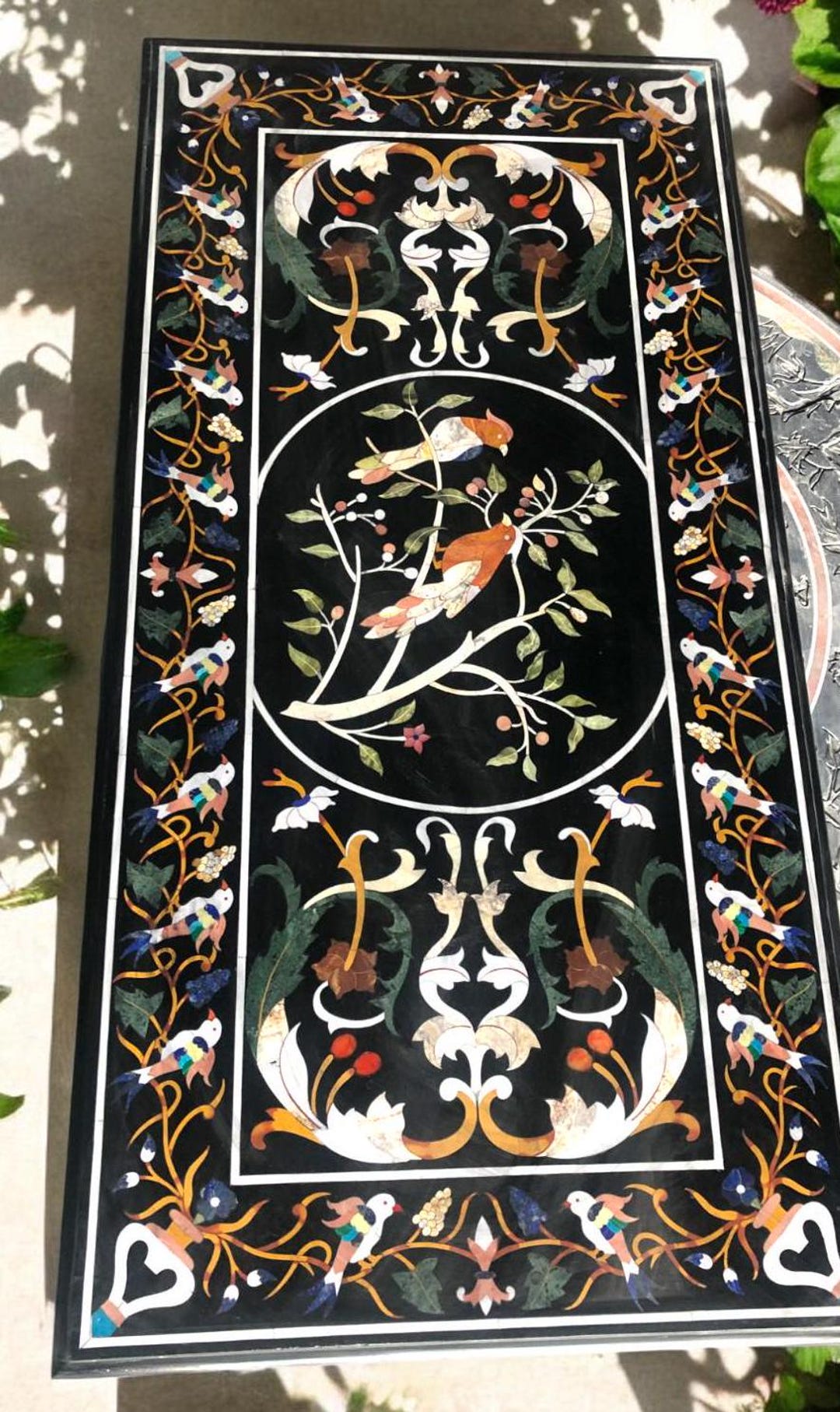Black Marble Rectangle Table: Handmade Gemstone Inlay, Patio Kitchen ...