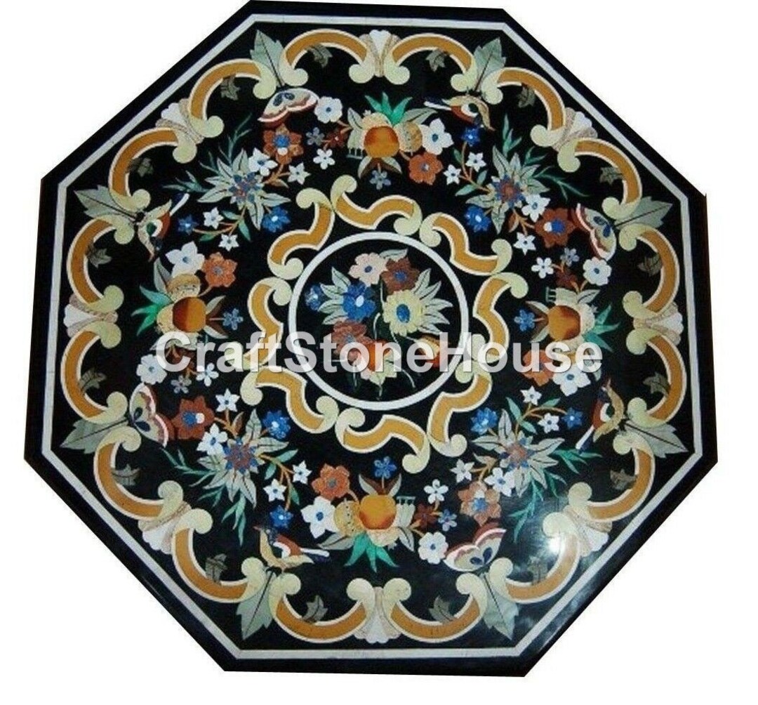 30" Marble Black Octagon Table Top Floral Marquetry Fine Inlay ...
