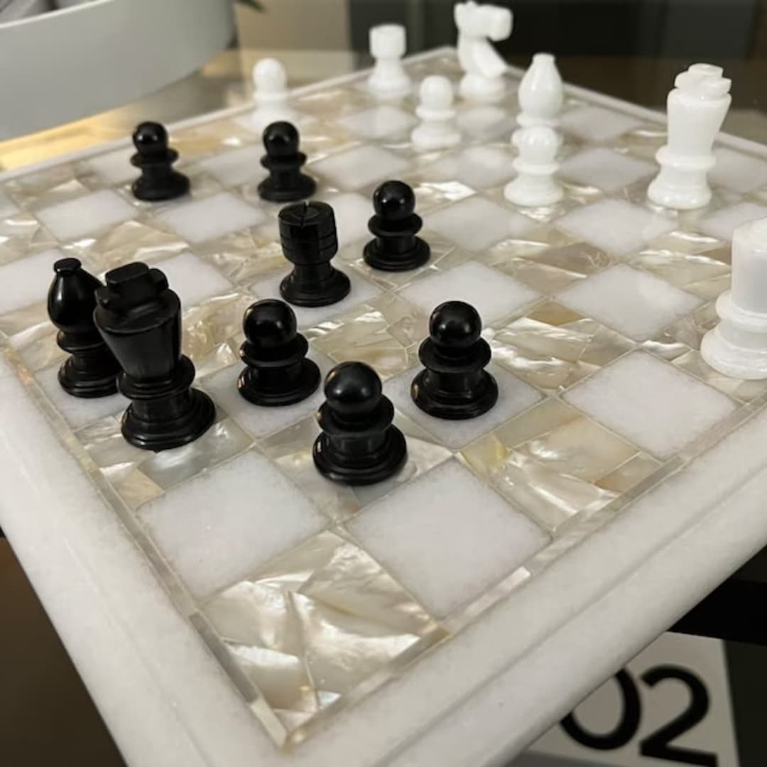 Elegant White Marble Chess Set Board Antique Mother of Pearl Inlay ...