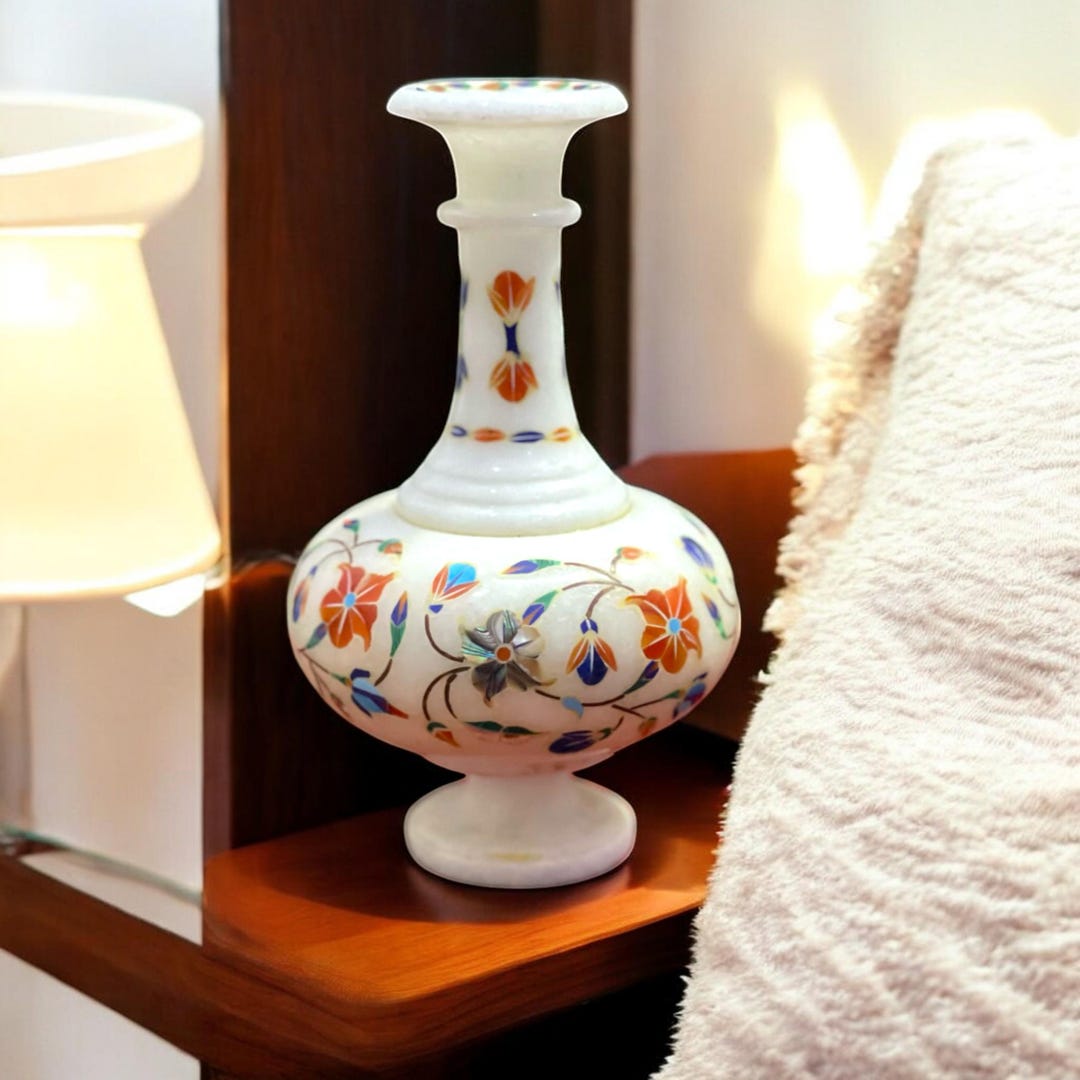 18" White Marble Flower Vase Pot Floral Semi Precious Carnelian Lapis ...